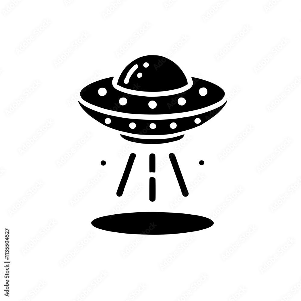 UFO Landing: Black and white illustration of a UFO hovering over a landing spot, casting beams ...