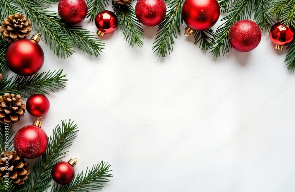 Festive Christmas border design with red ornaments, pine cones on plain ...