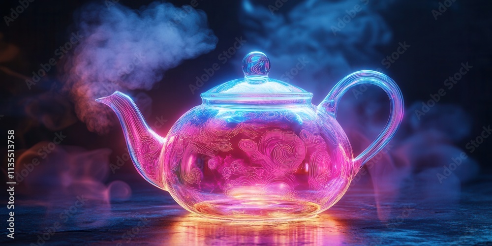 Neon Teapot Emblem, a vibrant holographic design featuring a luminous ...