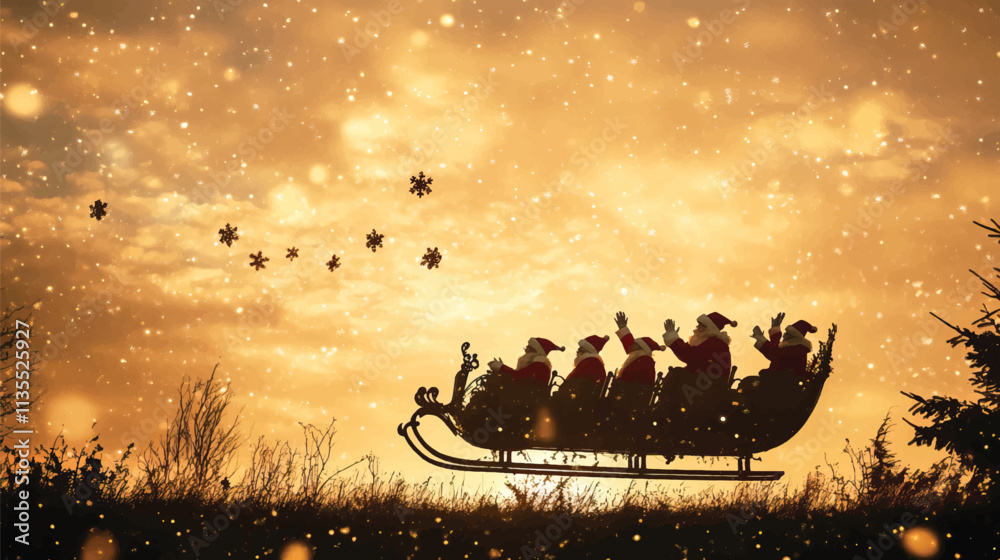 Vektor Santa and Helpers Silhouette Departing on Christmas Eve, Santa ...