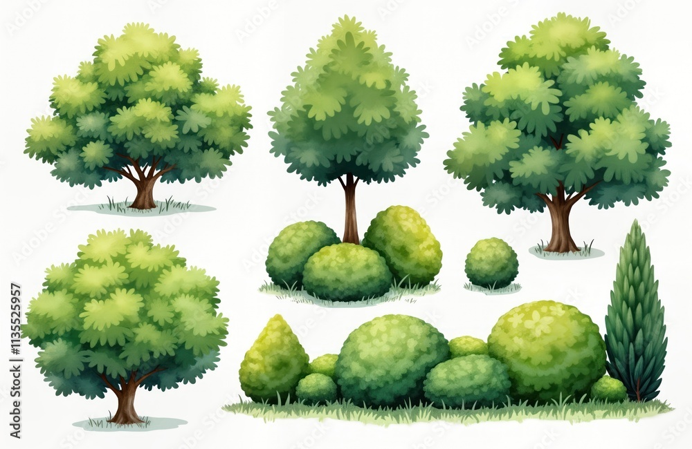 Various green trees bushes, shrubs shown in top view. Perfect for ...