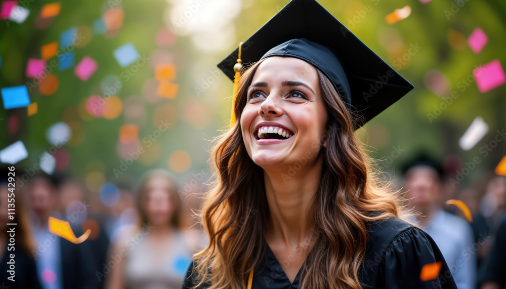 Young woman smiles cheerfully during graduation ceremony. Confetti ...