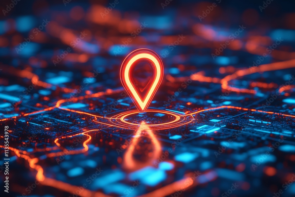 Advanced Glowing Red Location Pin on Urban Digital Map for GPS ...