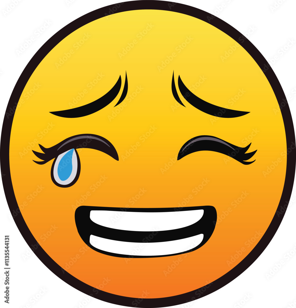 Crying, smiling emoji face with with a single tear vector illustration ...