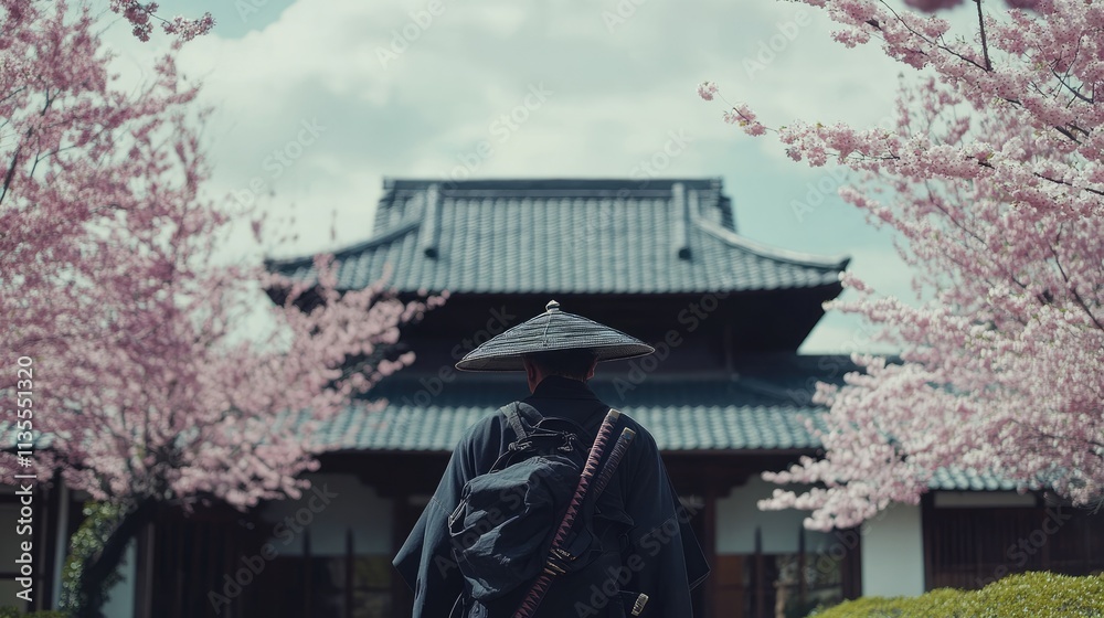 Samurai is returning home. Old traditional japanese house with sakura ...