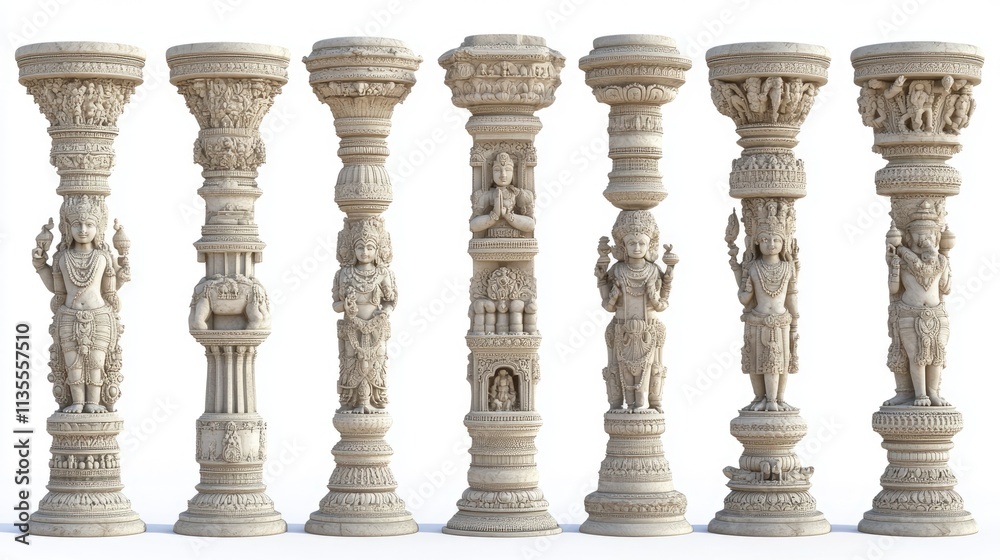 set of Indian Vedic pillar with intricate carvings of deities, column ...