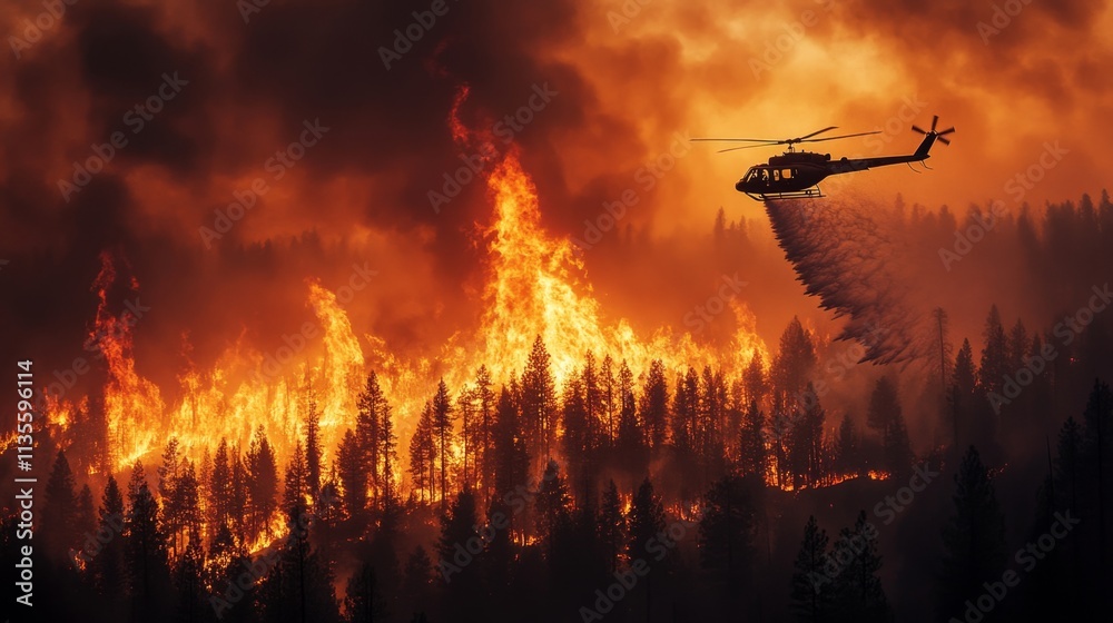 Helicopter aerial firefighting efforts forest area action scene ...