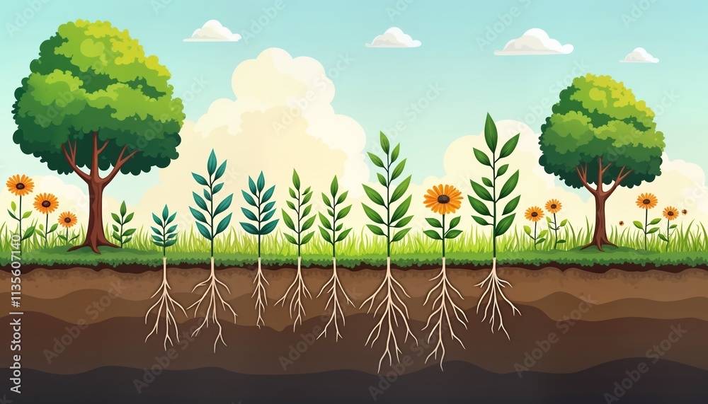 Illustration shows plants growing from seed to tree. Different growth ...