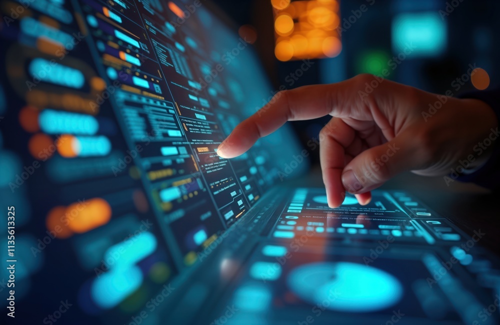 Person interacts with advanced augmented reality dashboard. Developer uses tech interface for ...