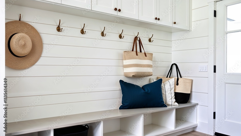 modern, minimalist entryway or mudroom with a clean and organized ...