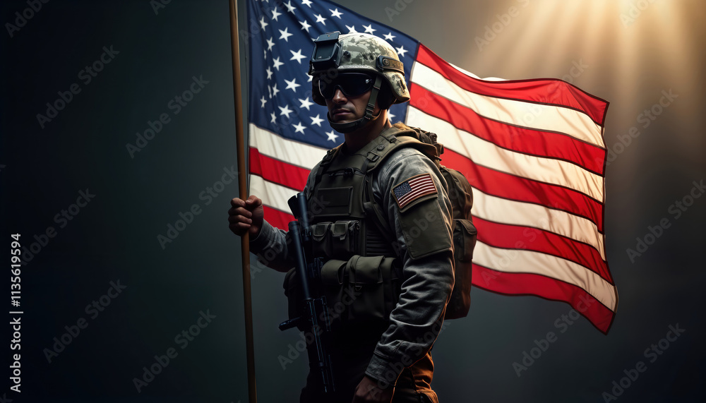 American soldier holds US flag with combat posture. Soldier in military ...
