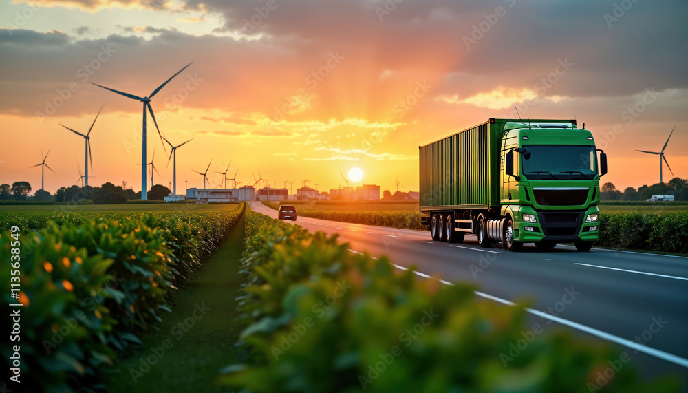 Green truck transports cargo on highway at sunset. Renewable energy ...