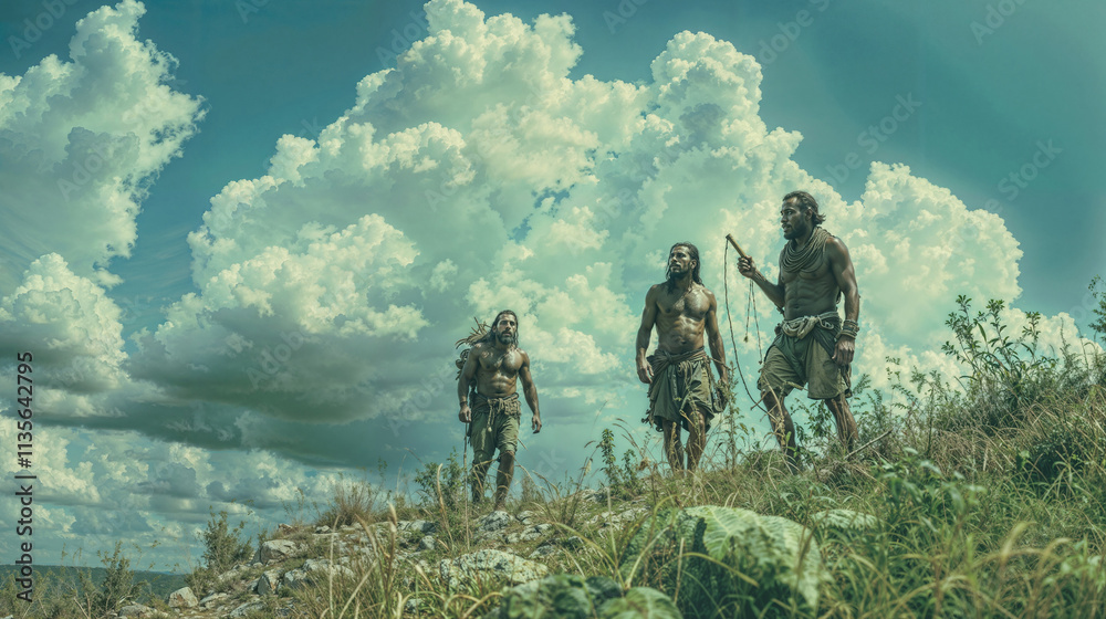 Group of primitive humans exploring a vast landscape under dramatic ...