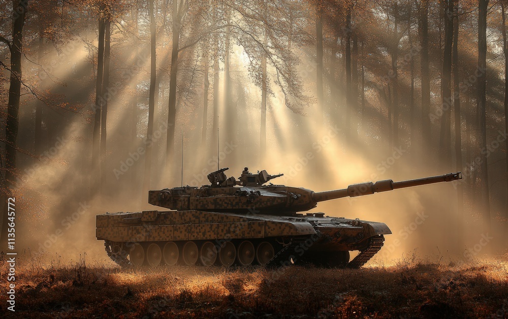 Camouflaged tank in a misty forest, bathed in the golden rays of dawn ...