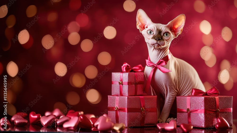Sphynx cat sitting beside a stack of pink and red gift boxes tied with ...