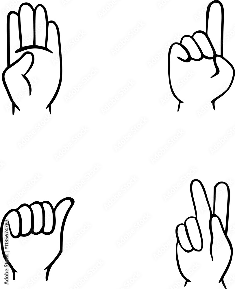 Hand gestures and sign language icon set. Isolated contour illustration of vector human hands ...