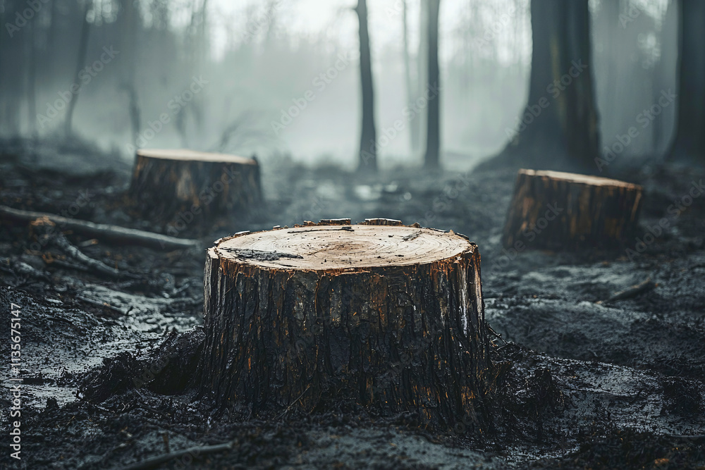 Deforestation visible in tree stumps, a once lush forest now a desert ...