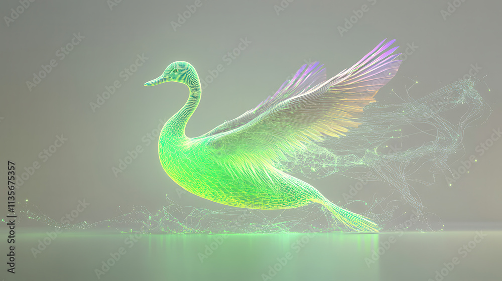 A surreal interpretation of a neon green and lavender duck, frozen in ...