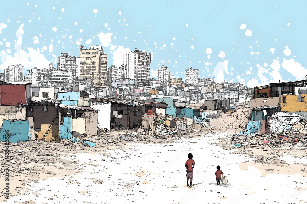 Illustration of urban poverty showing slums with makeshift houses ...
