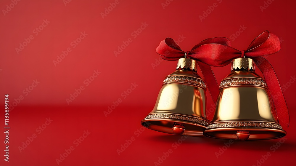 two christmas bells with red ribbon 3d render icon clipart illustration ...