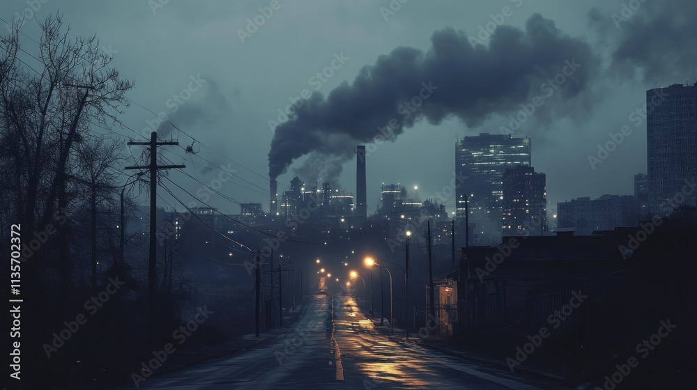 Dark city skyline at night on an empty street Smoke rising from a power ...
