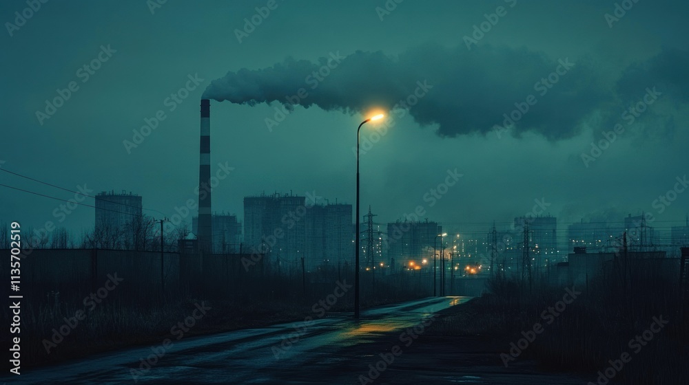 Dark city skyline at night on an empty street Smoke rising from a power ...