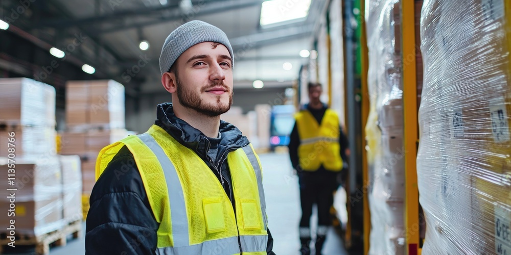 Workers managing logistics at a transport hub, with trucks and pallets ...