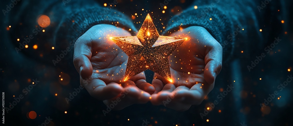 Hologram star trophy in a businessman s hands, glowing light and dark ...