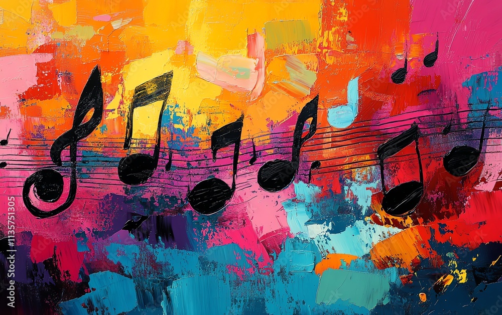 Abstract composition of music notes in bright, colorful acrylic oil ...