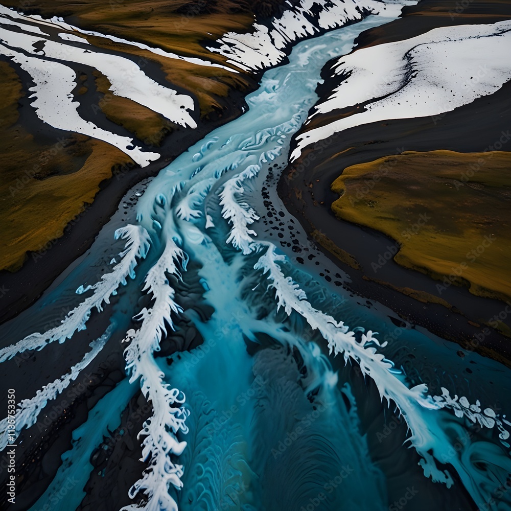 A glacial rivers from above. Aerial photograph of the river streams ...