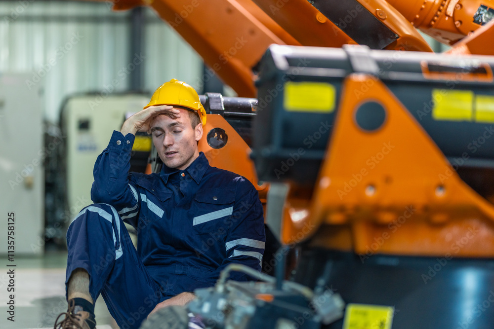 Stressed Factory Worker Resting on the Floor Stock Photo | Adobe Stock