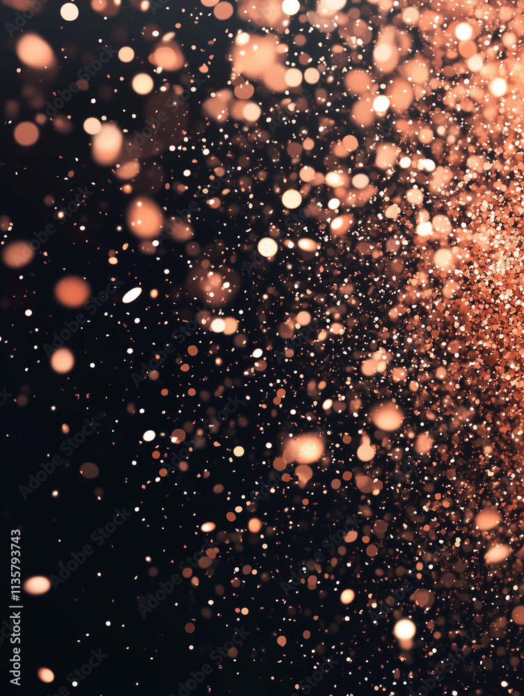 rose gold glitter and confetti for celebration. Black background with ...