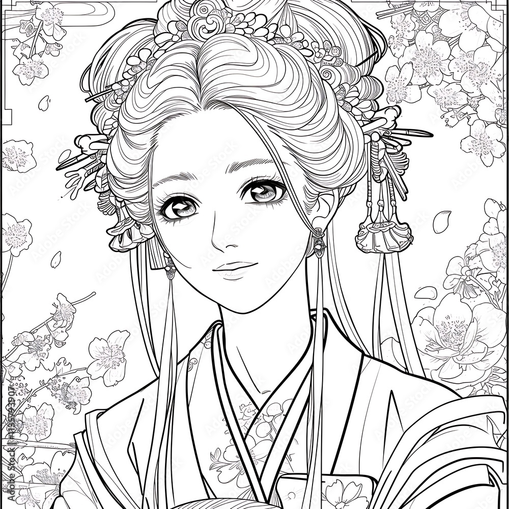 Elegant traditional japanese woman japan line art portrait floral ...