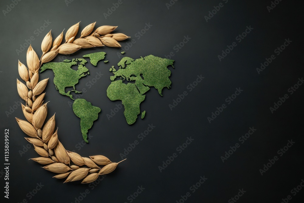 Climate Change concept. A conceptual illustration of a global map showing food supply chains ...