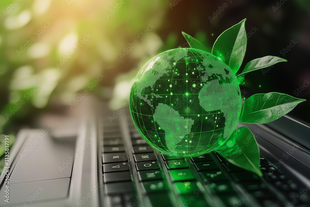 Globe on laptop keyboard in environment technology concept for Digital ...