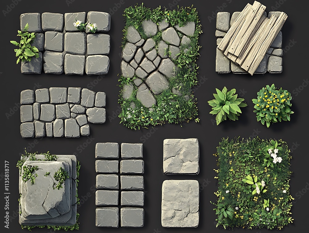 Cobblestone, stone, and plant textures for game design Stock ...
