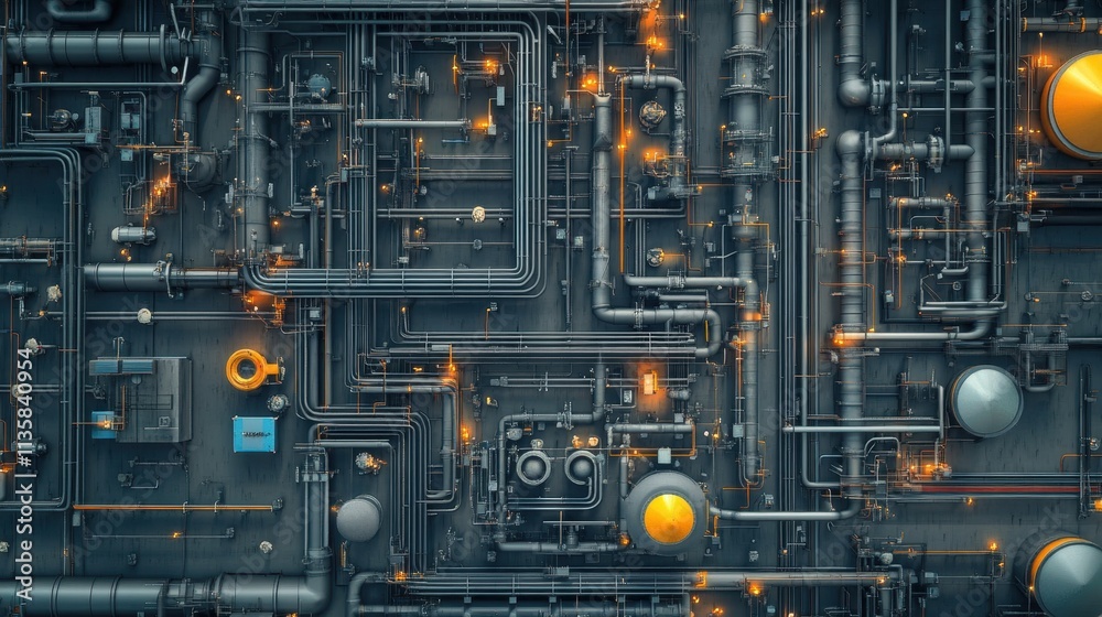 A detailed image of an oil pipeline junction with numerous ...