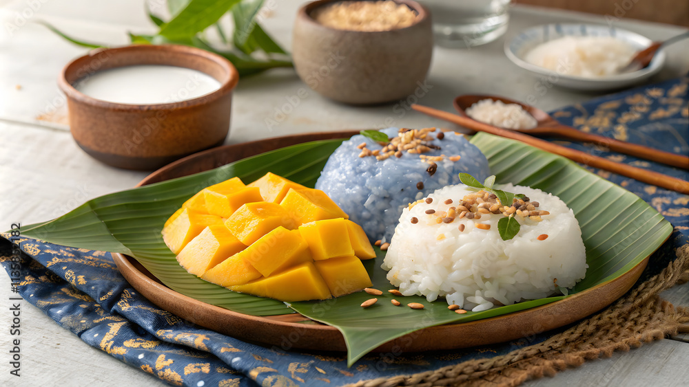 Blue sticky rice naturally colored with butterfly pea flower, served ...