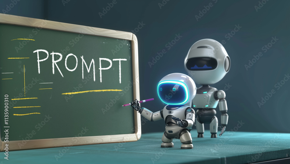 Robot is drawing on a chalkboard with the word "Prompt" written on it ...
