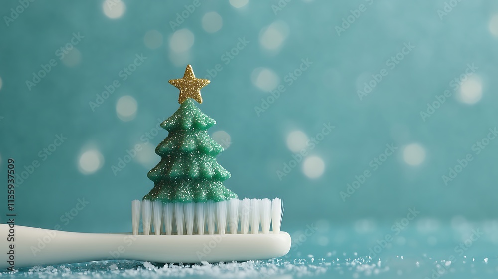 holiday scene featuring a tiny green toothpaste tree on a toothbrush ...