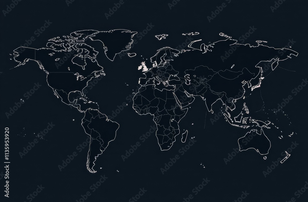A detailed world map showcases outlines of continents and countries in ...
