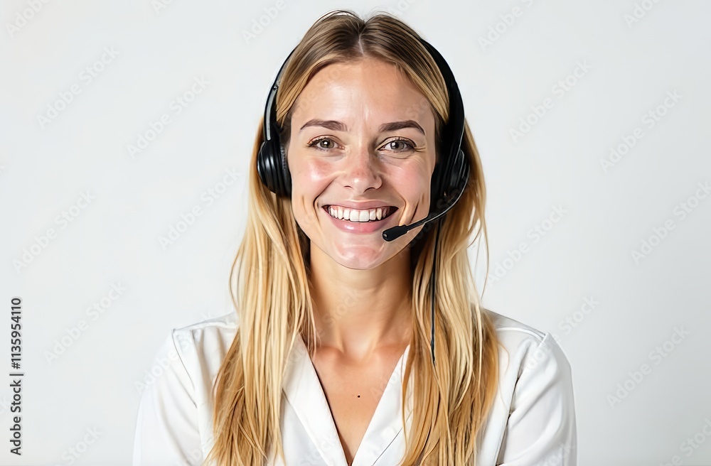 A cheerful woman with long blonde hair is wearing a headset, smiling ...