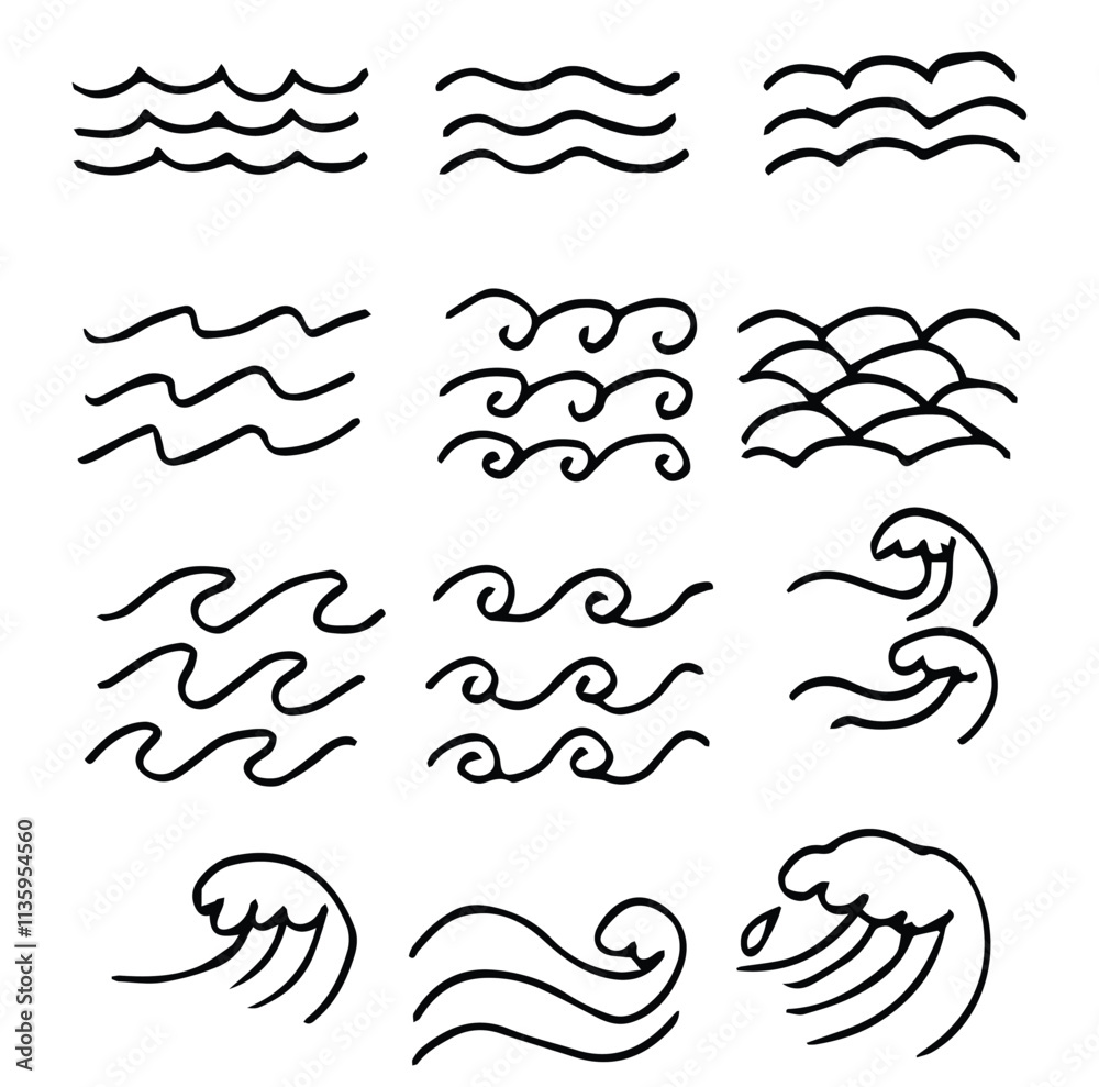 Wave sea line doodle icon set. Hand drawn sketch water wave outline ...