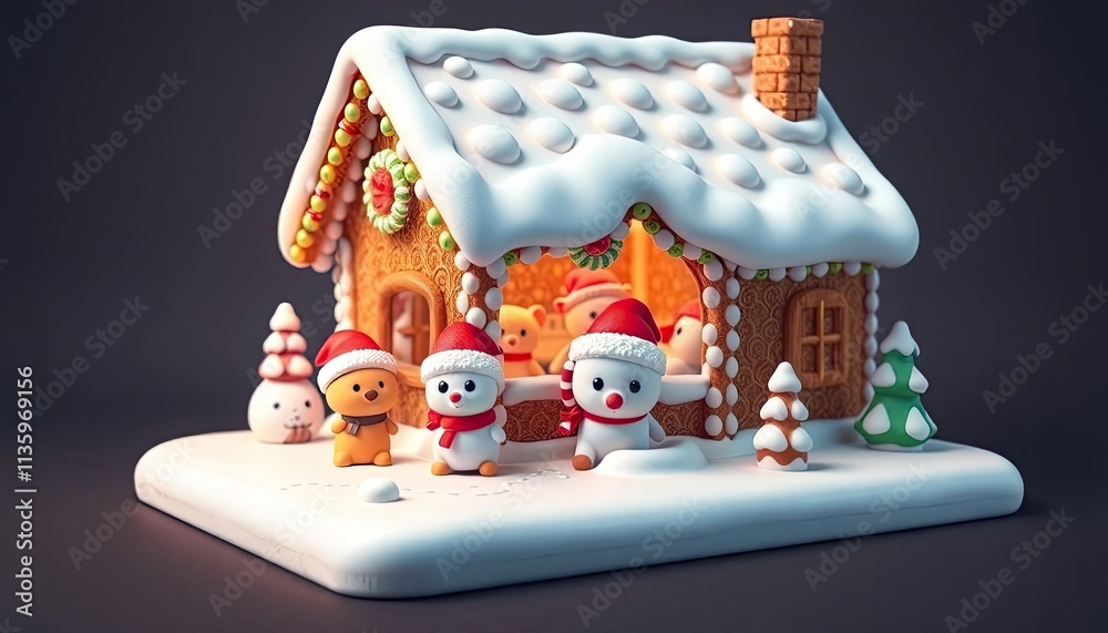 Snow-Covered Gingerbread House with Animals Wearing Santa Hats Inside ...
