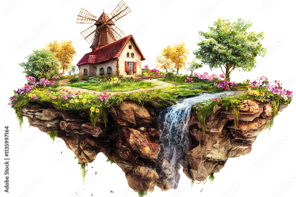 Fantasy-themed floating island with a windmill spinning slowly, flowers ...
