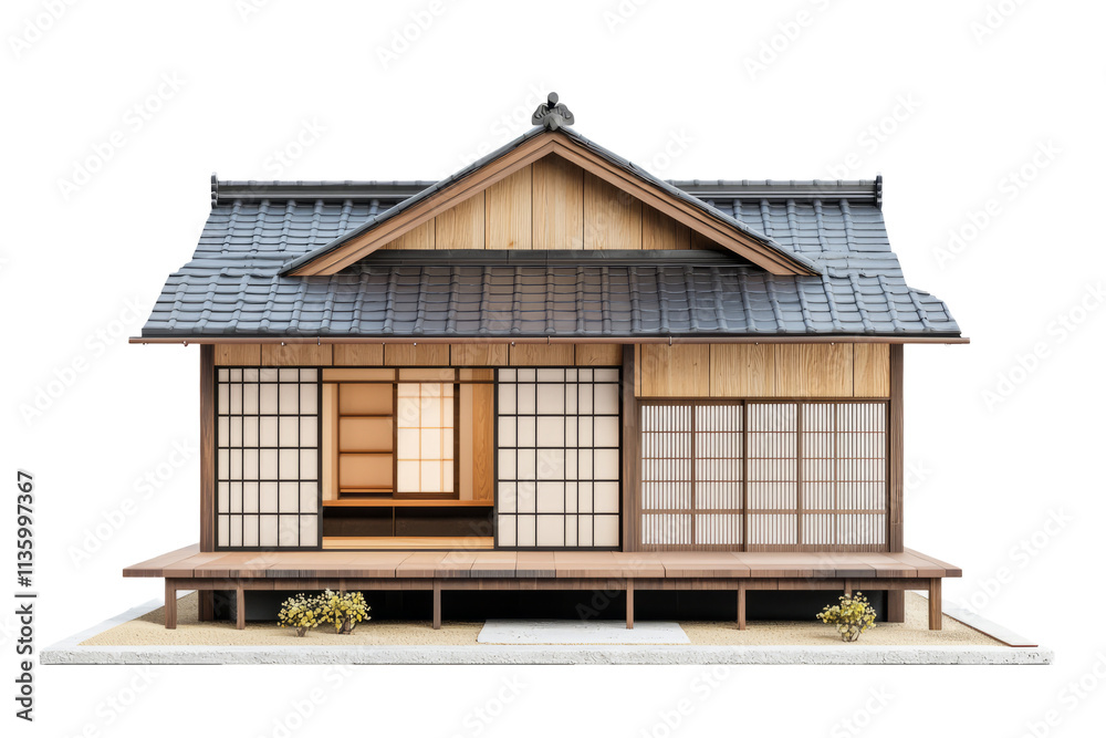 Japanese Edo-period wooden house with sliding shoji doors, on a white ...