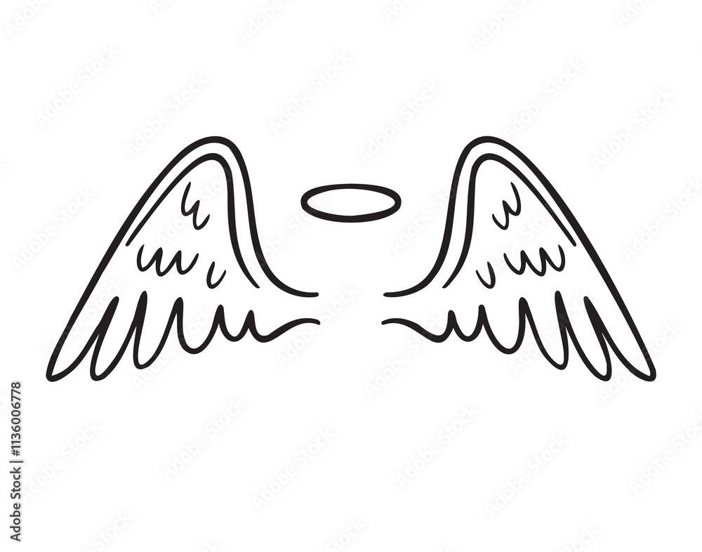 angel wings and a halo doodle hand drawn icon set. Outline drawing ...