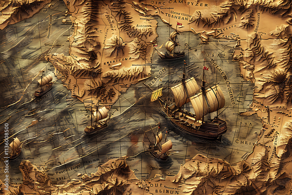 Vintage Maritime Map with Sailing Ships and Landmarks Stock ...