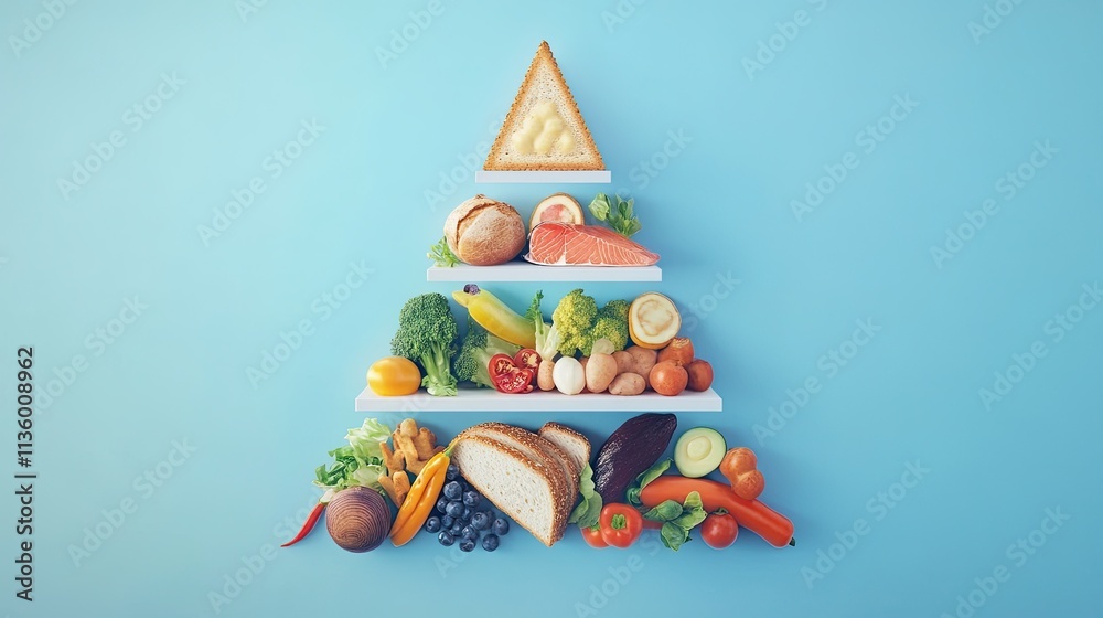Food pyramid showing healthy eating guide with bread, fish, vegetables ...