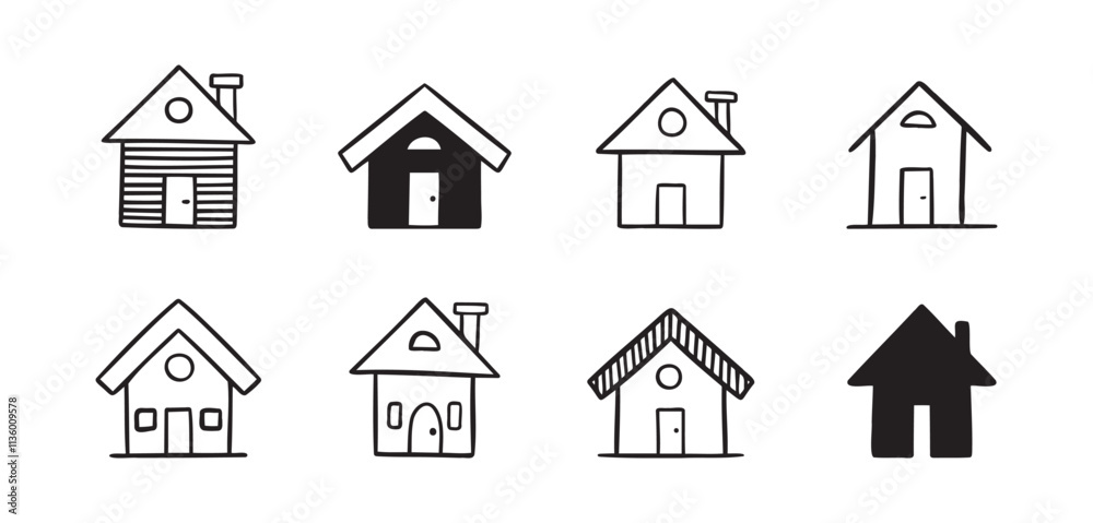 House doodle hand drawn icon set. Outline drawing cute simple homes ...